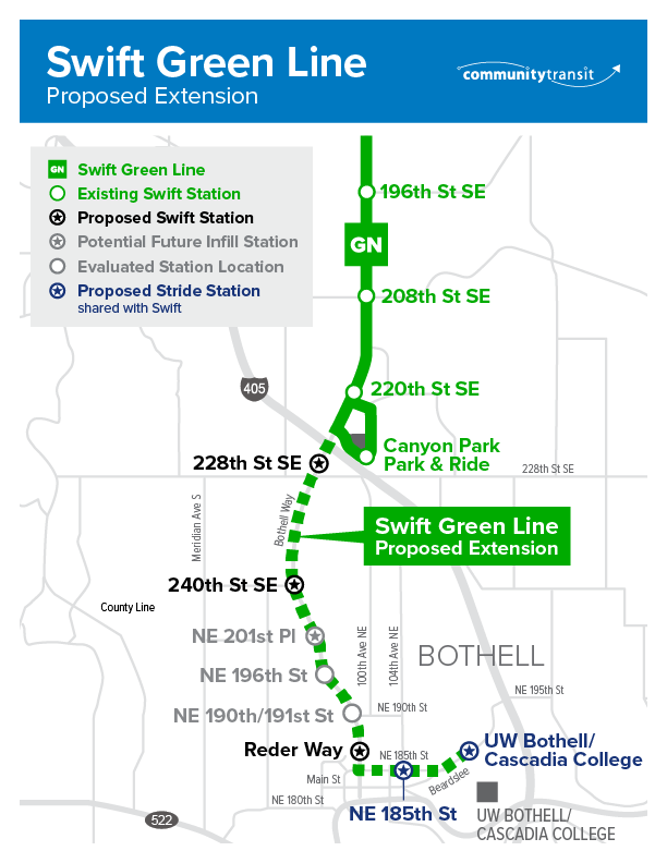 Locations considered for Swift Green Line stations in Bothell